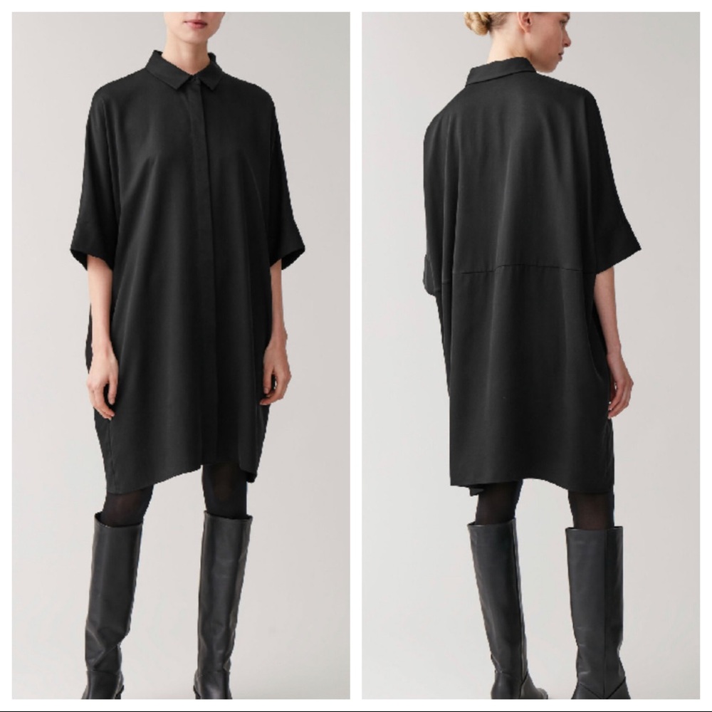 Cos Draped Boxy Shirt Dress Button Down In Black - Gem